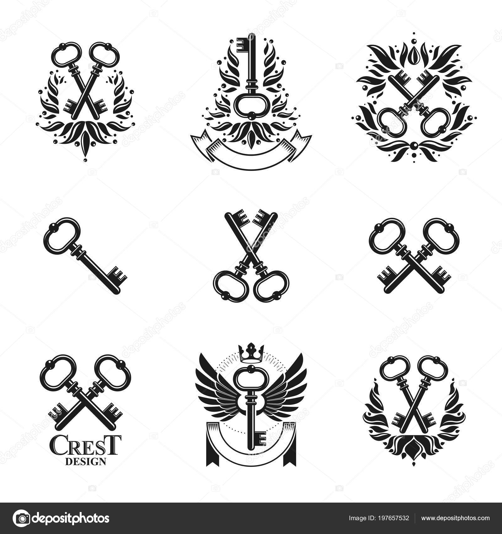Ancient Keys Emblems Set Heraldic Coat Arms Decorative Logos Isolated ...