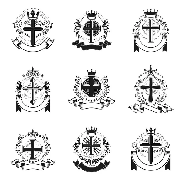 Crosses Religious Emblems Set Heraldic Coat Arms Vintage Vector Logos ...
