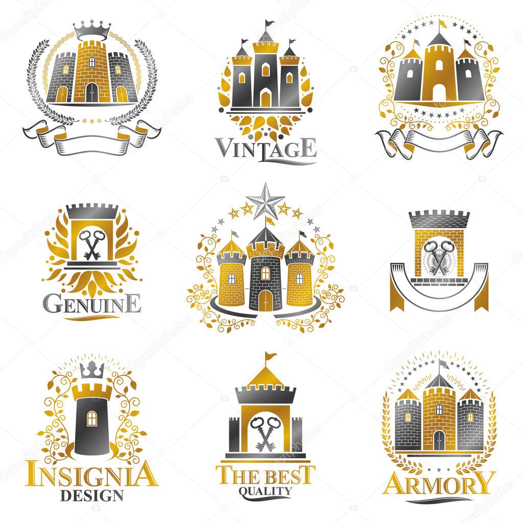 Conjunto de emblemas de Castillos Antiguos. Escudo heráldico logotipos ...
