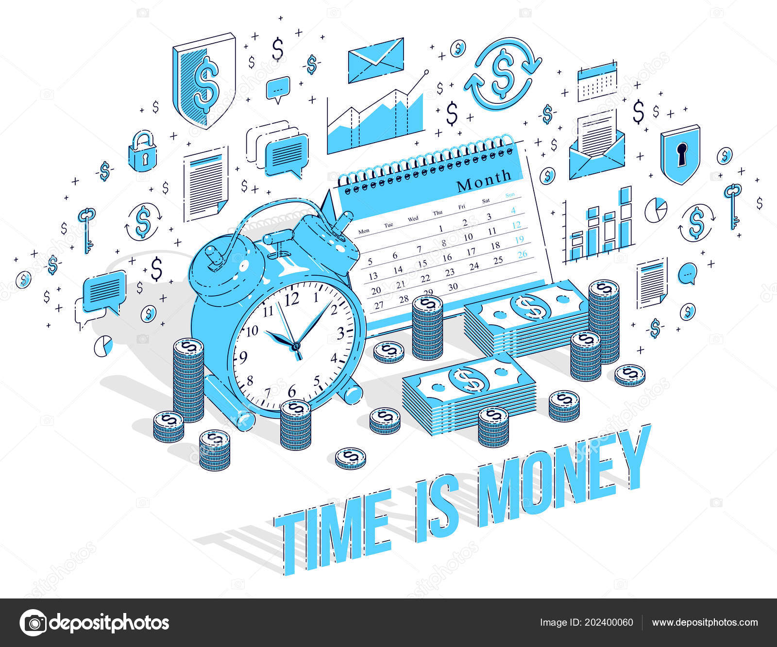 Time Money Concept Table Alarm Clock Cash Money Stacks Coin Stock ...