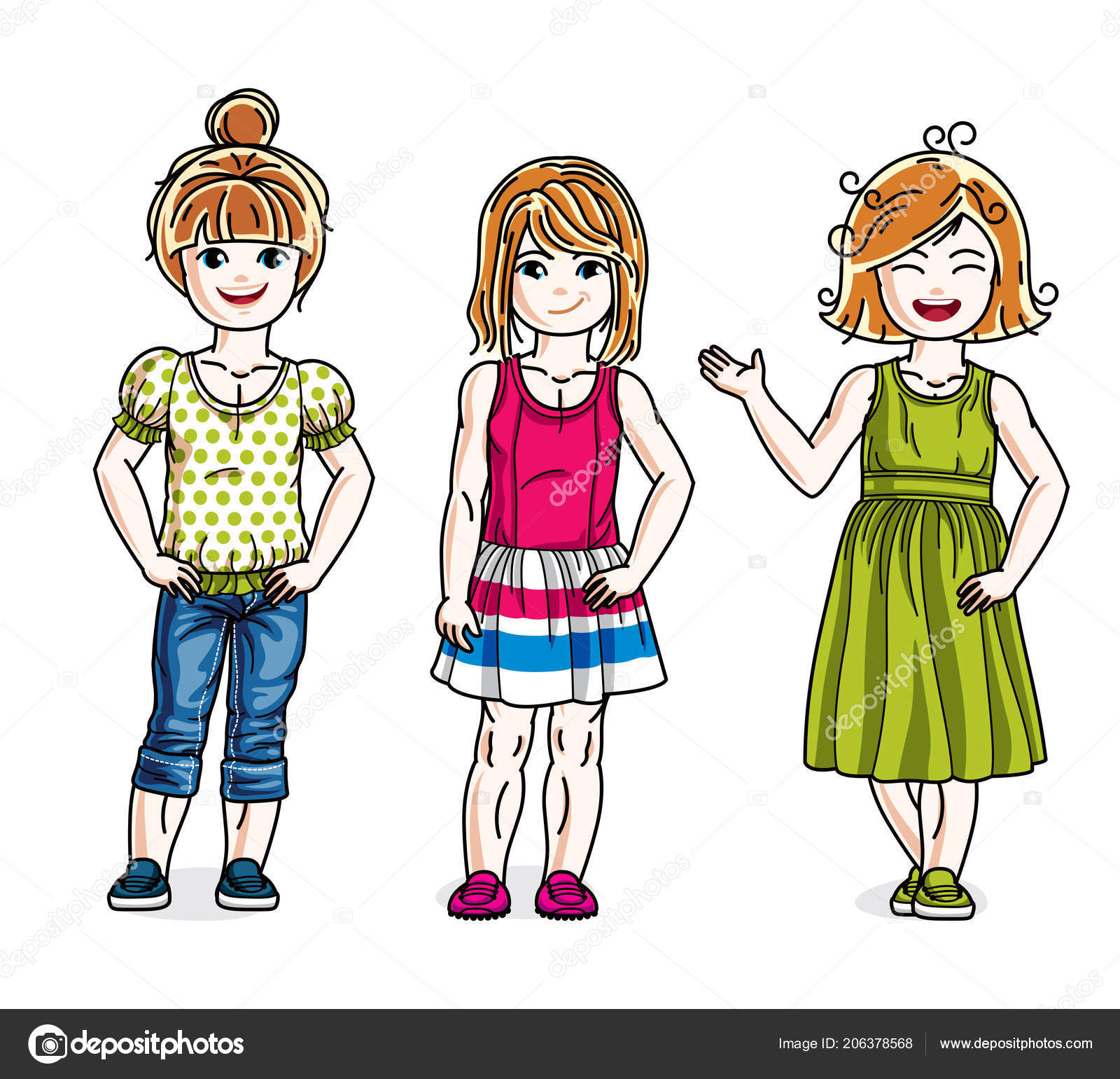 Different Cute Little Girls Standing Stylish Casual Clothes Vector Set ...