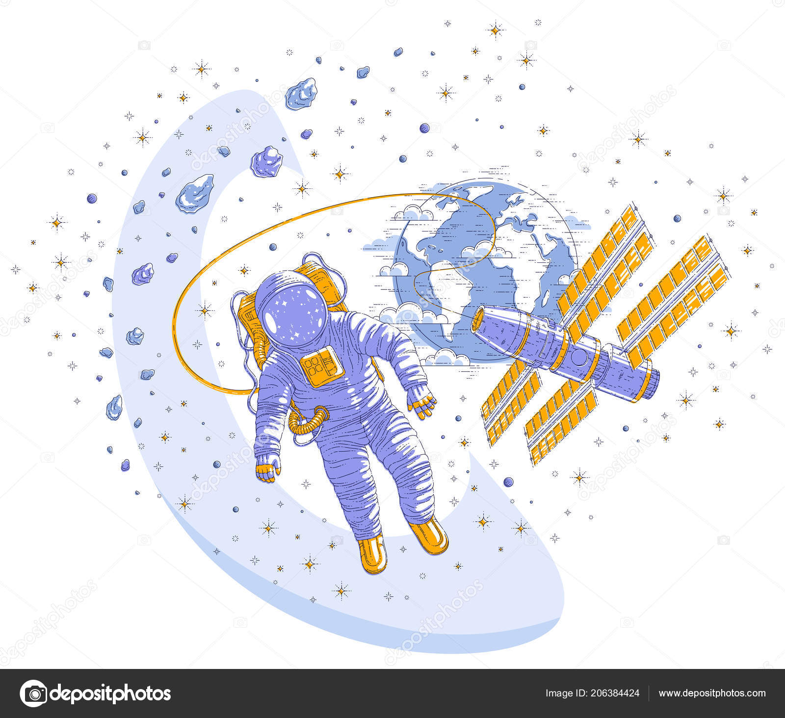 Astronaut Flying Open Space Connected Space Station Earth Planet ... Astronaut Flying Open Space Connected Space Station Earth Planet ...