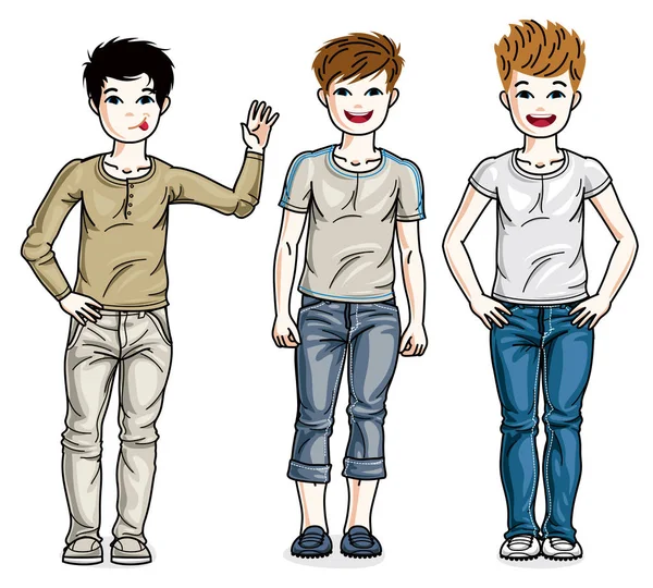 Different Cute Little Boys Standing Wearing Different Casual Clothes ...