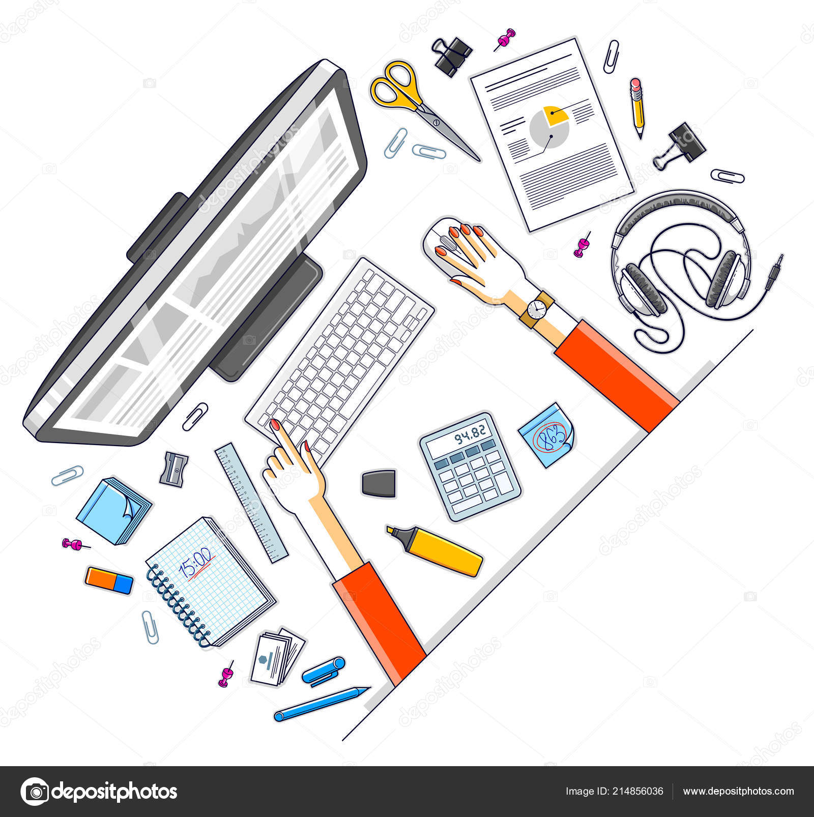 Workplace Hands Computer Diverse Stationery Objects Work Stock Vector ...