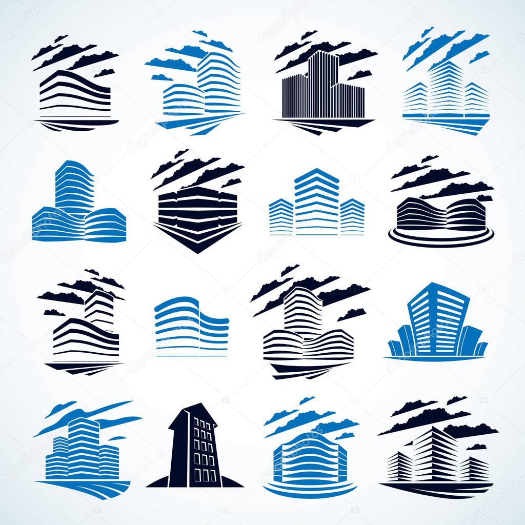 Conjunto de edificios de negocios, colección de ilustraciones de vectores de arquitectura ...