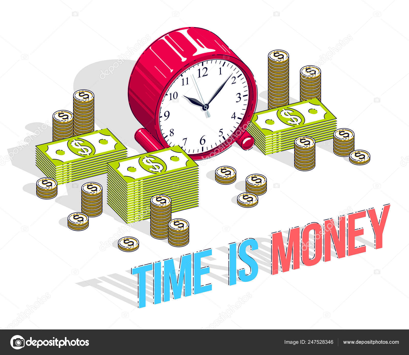Time is Money concept, table Clock with cash money stacks and co Stock ...