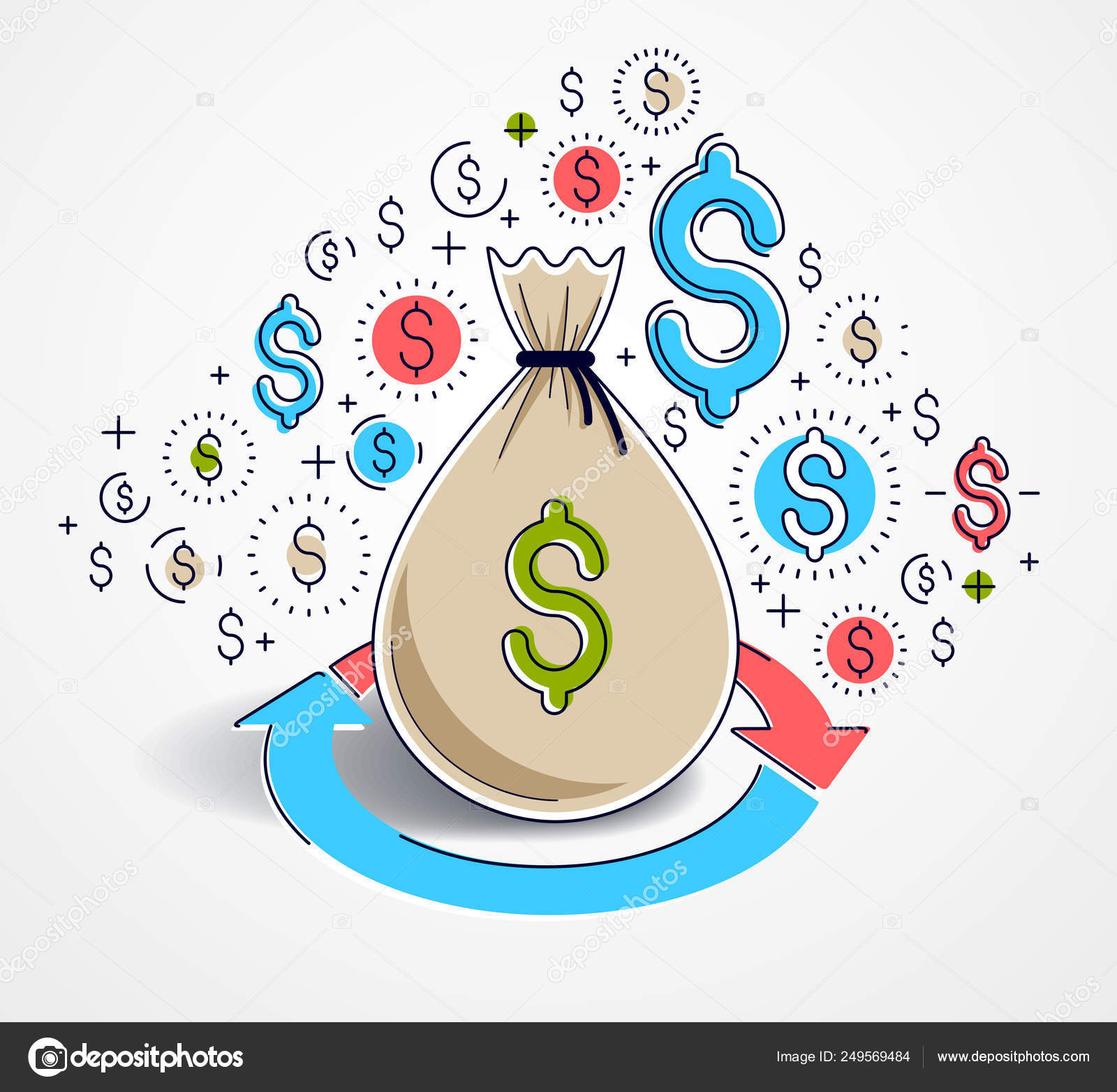 Money bag with loop arrow and icon set vector design, savings or Stock ...