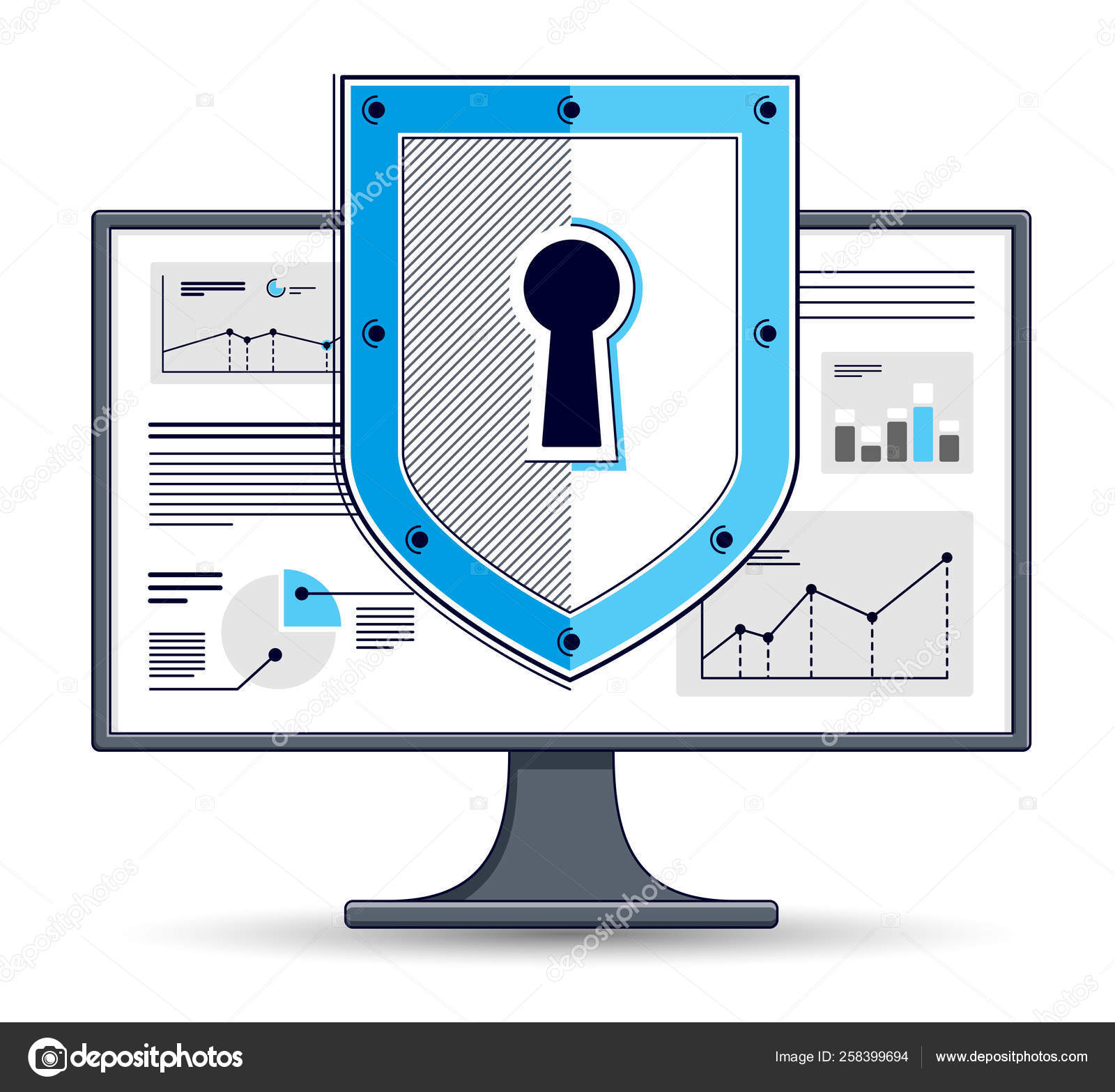 Shield Computer Monitor Private Data Security Concept Antivirus Firewall Finance Stock ...