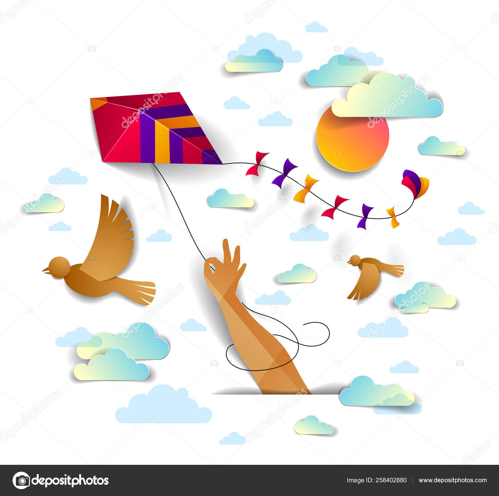 Hand Holding Kite Cloudy Sky Birds Flying Sun Freedom Easiness Stock ...
