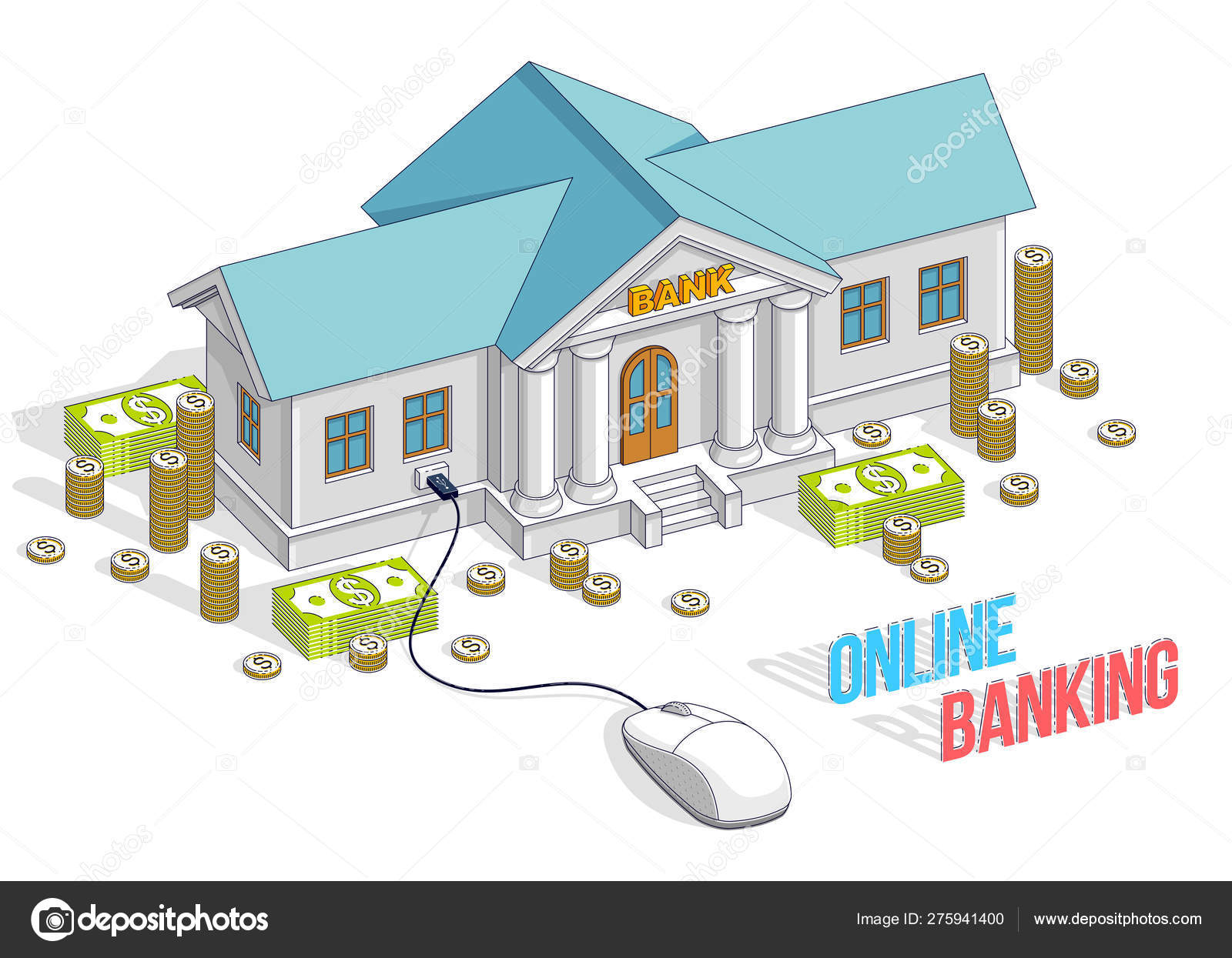 Bank building with computer mouse and cash money stack and coins Stock ...