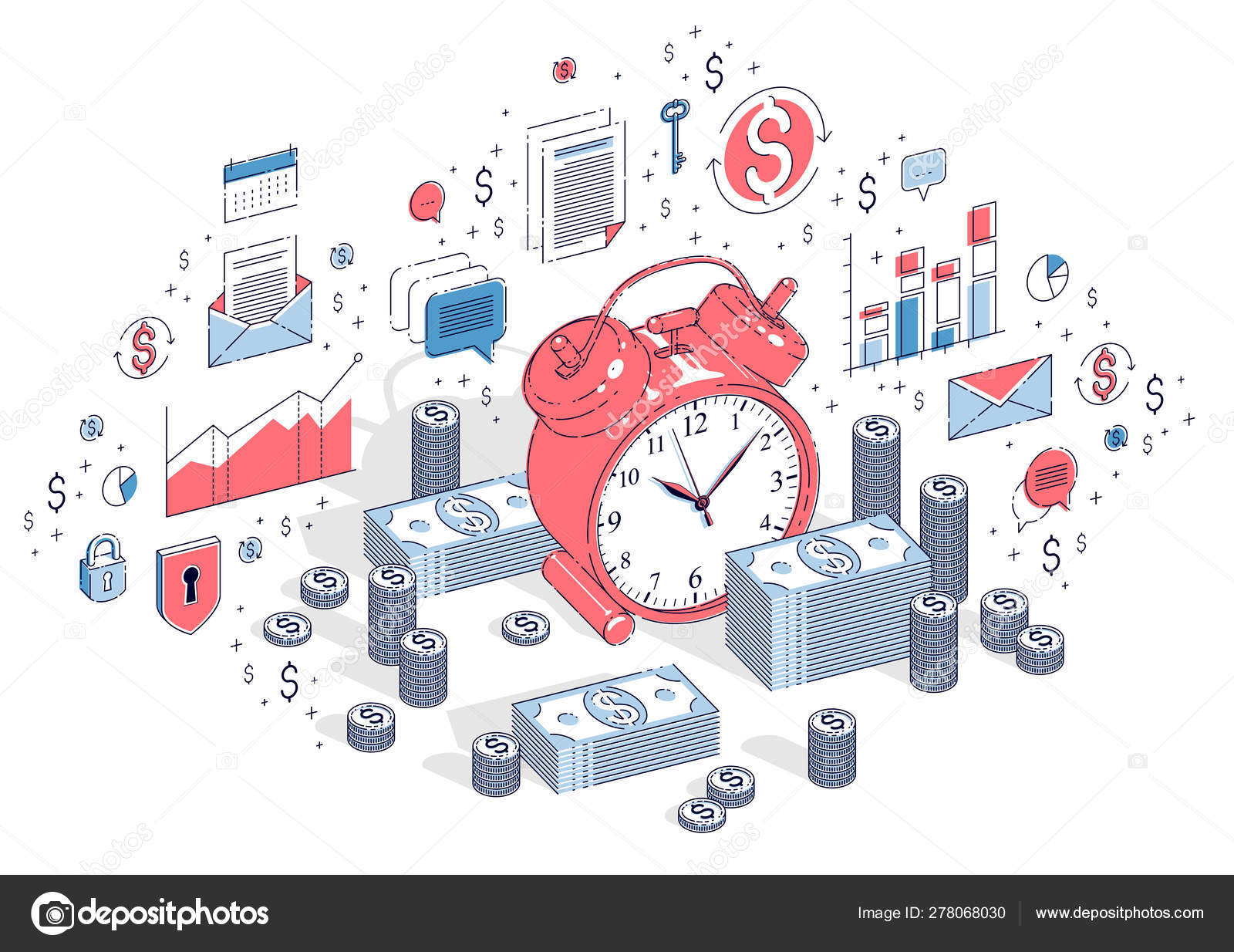 Time is Money concept, table Alarm Clock with cash money stacks Stock ...