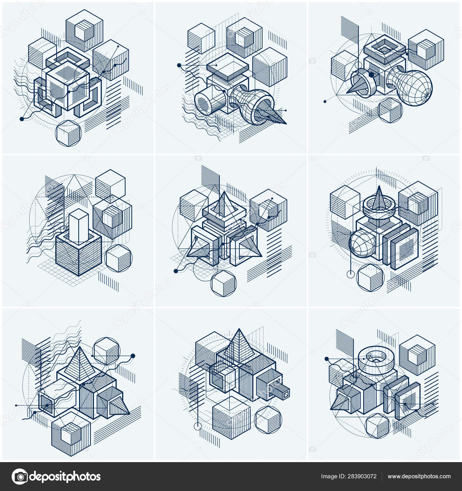 Abstract designs with 3d linear mesh shapes and figures, vector Stock ...