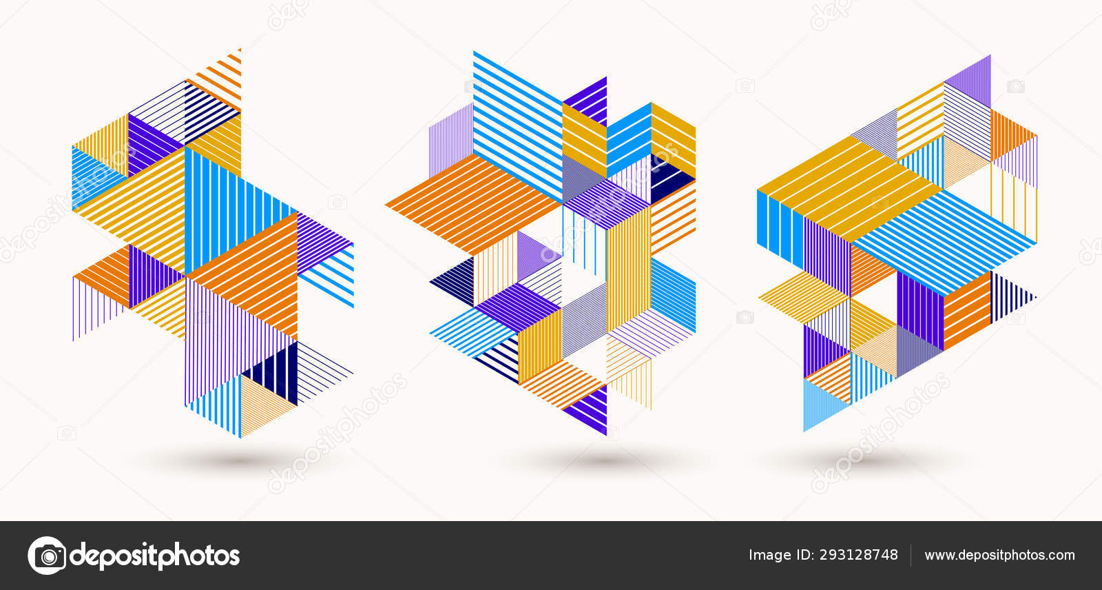 Línea de diseño 3D cubos y triángulos fondos abstractos conjunto, pol ...