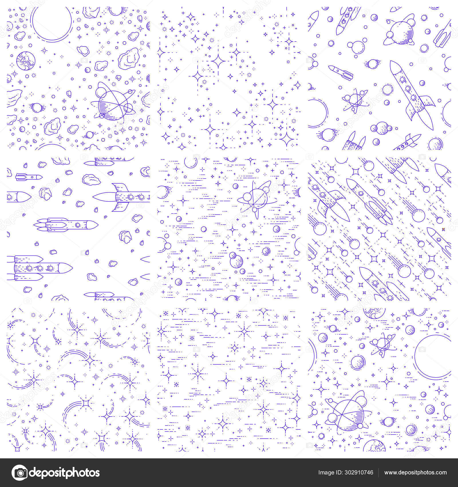 Set of seamless space backgrounds with rockets, planets, asteroi Stock ...