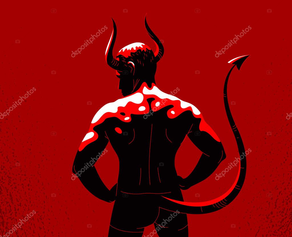 Diablo musculoso hombre fuerte con cuernos y cola de la ilustración ...