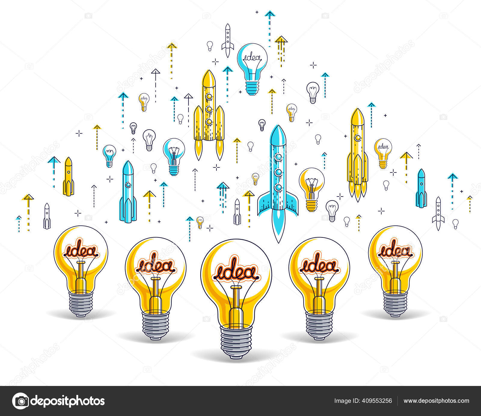 Group Shining Light Bulbs Set Launching Rockets Startup Ideas Concept Stock Vector Image by ...