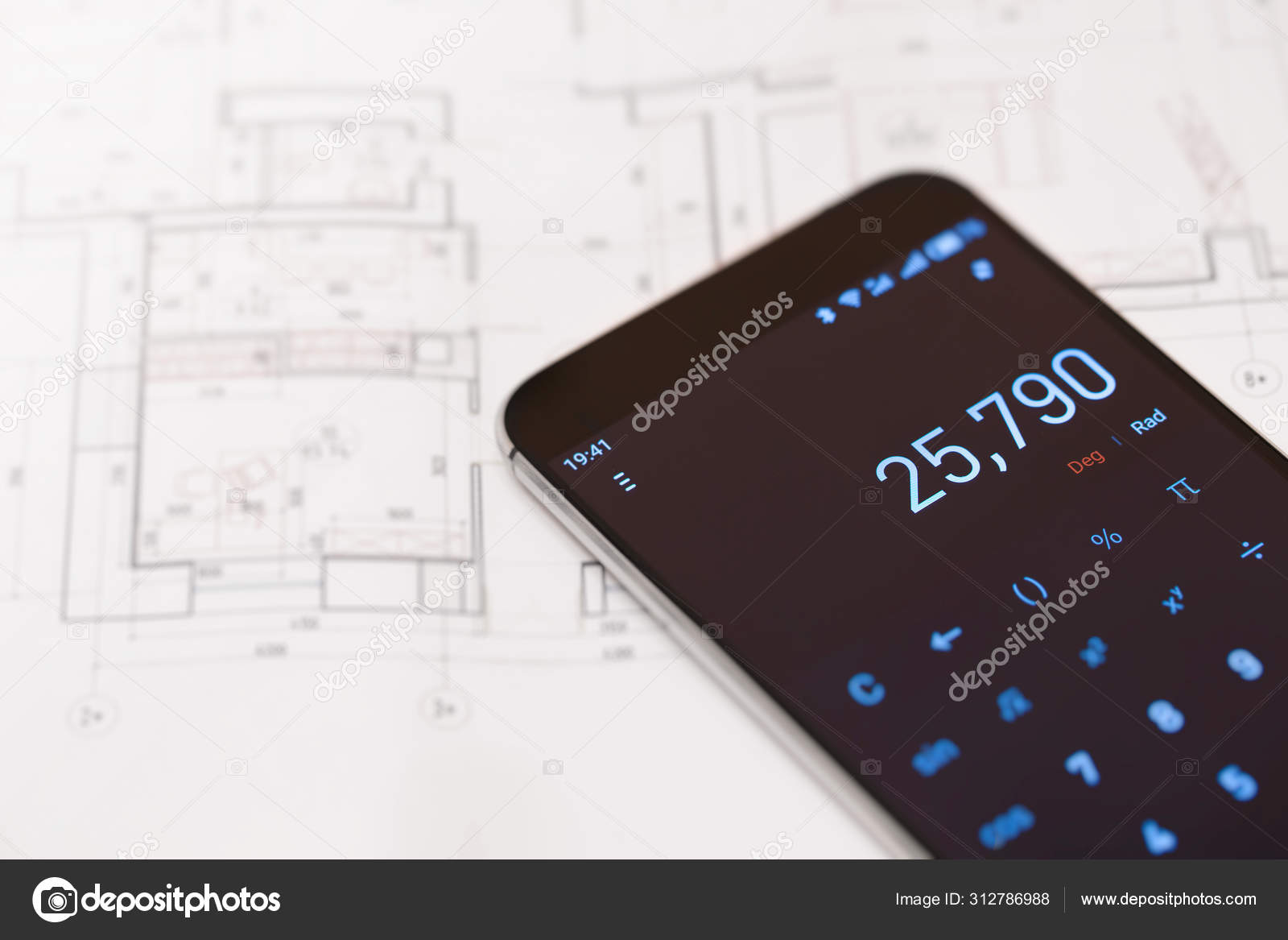 Calculator in smartphone and real estate plan. Stock Photo by ©forton ...