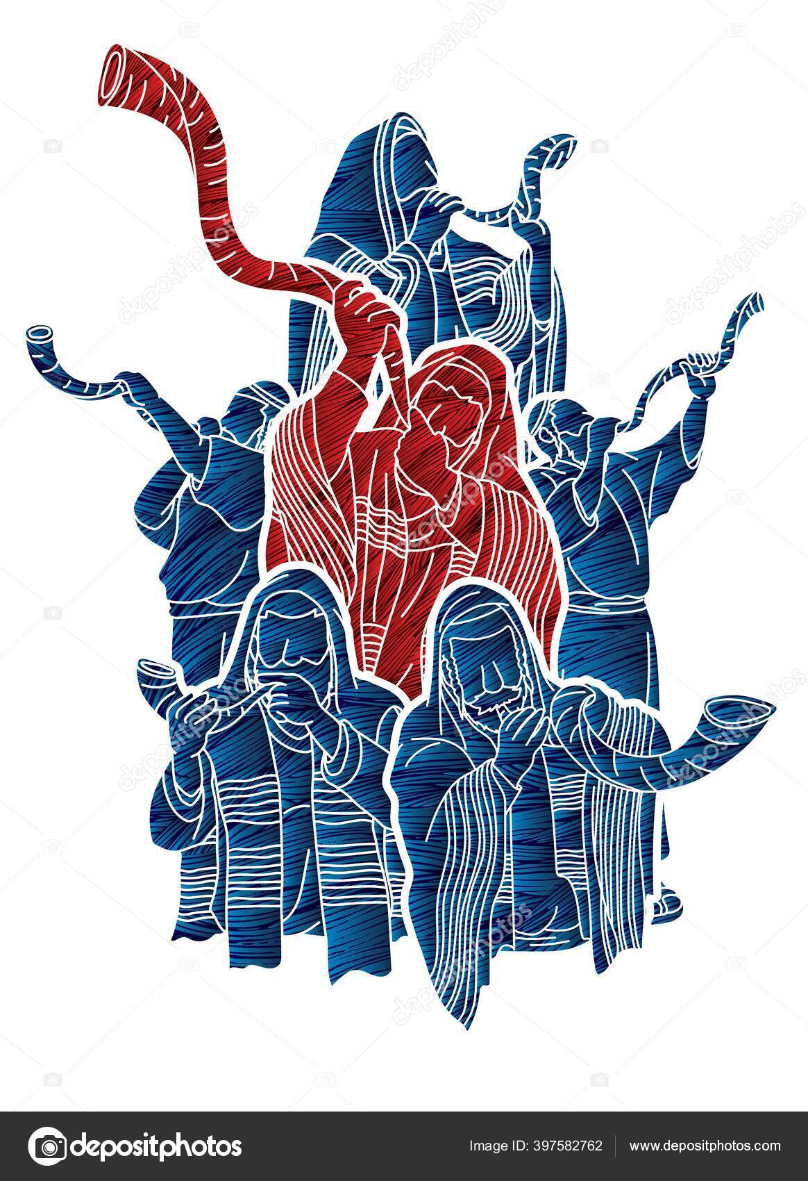 Grupo Judios Soplando Cuerno Shofar Vector Gráfico Dibujos Animados ...