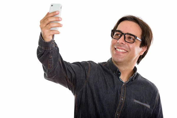 Studio Shot Young Happy Persian Man Smiling Taking Selfie Picture ...