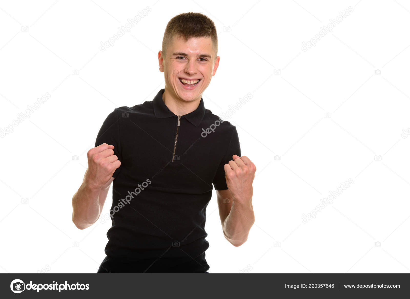 Young happy Caucasian man smiling and looking motivated with bot ...