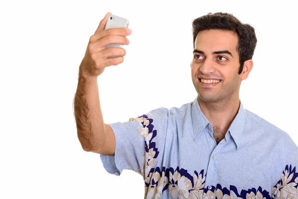Studio Shot Young Happy Persian Man Smiling Taking Selfie Picture — Stock Photo © amazingmikael ...