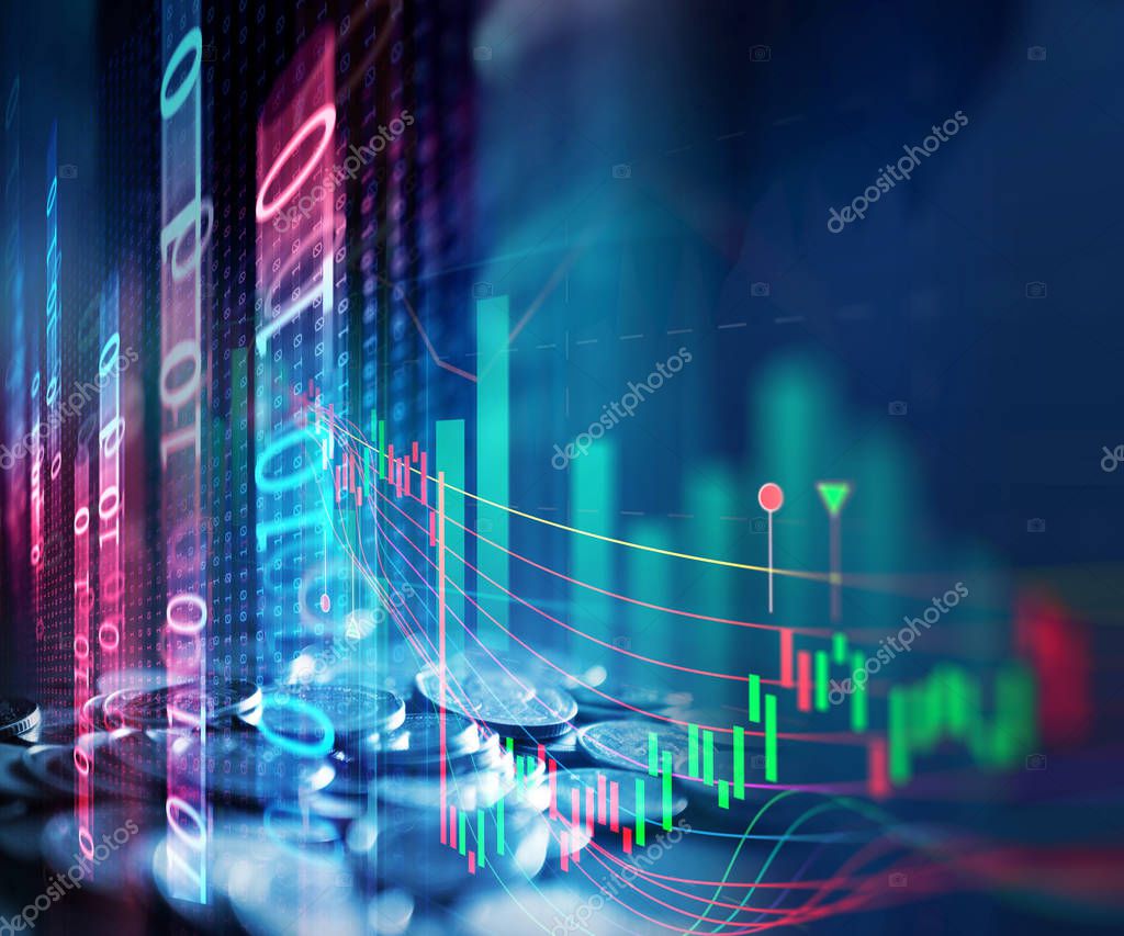 imagen de doble exposición de gráfico de inversión bursátil y pila de ...