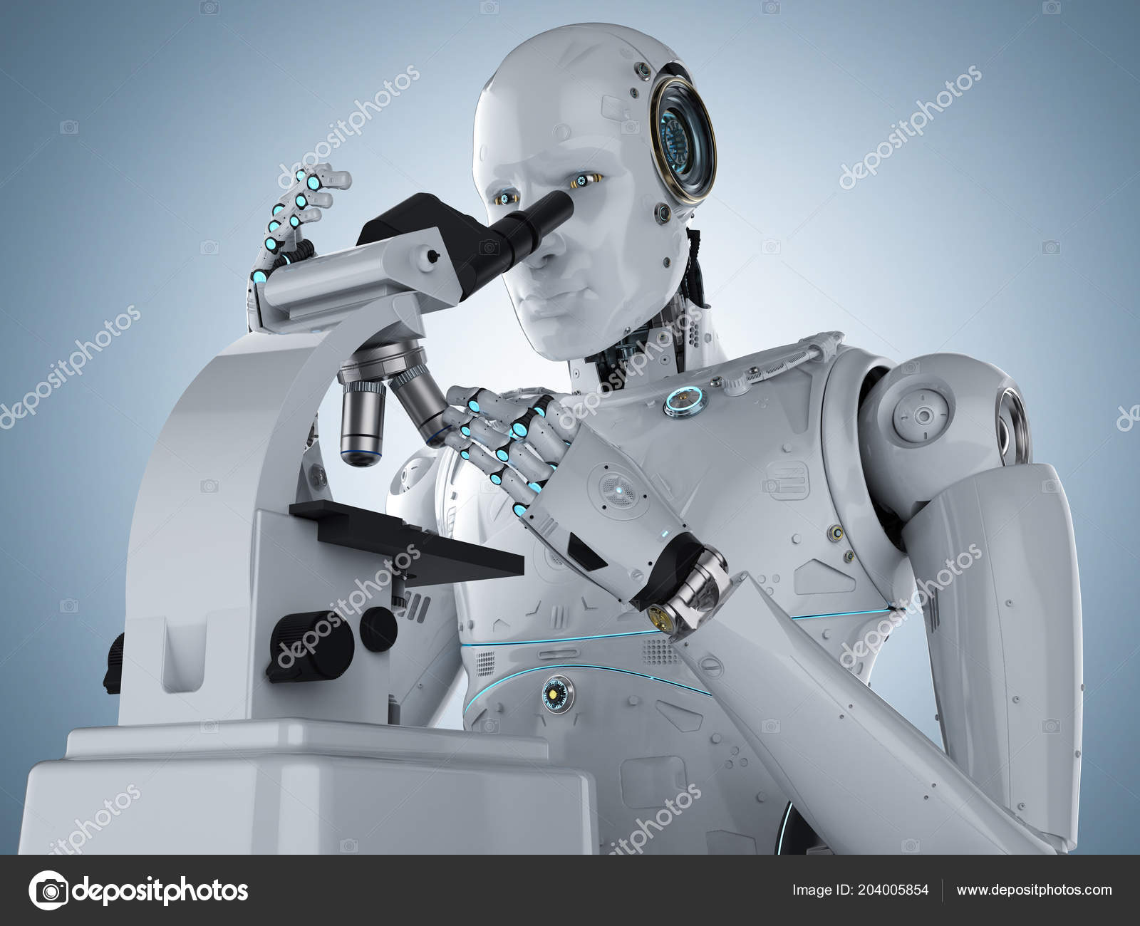 Rendering Robot Working Microscope Blue Background — Stock Photo © phonlamai #204005854