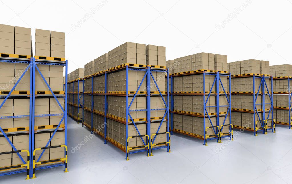 3d rendering racks full of carton boxes in warehouse #244663376 - Larastock
