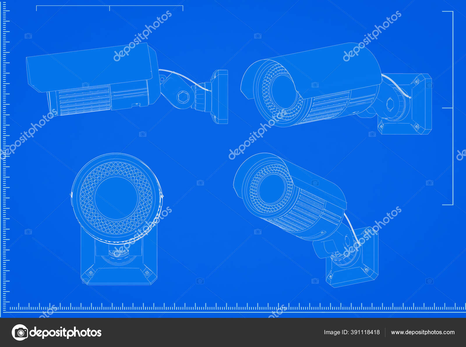 Rendering Security Camera Blueprint Scale Blue Background Stock Photo ...
