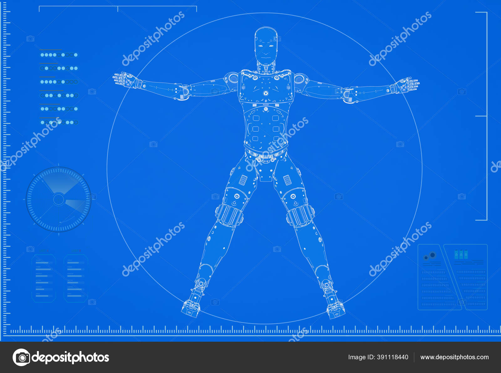 Rendering Cyborg Robot Blueprint Scale Blue Background Stock ...