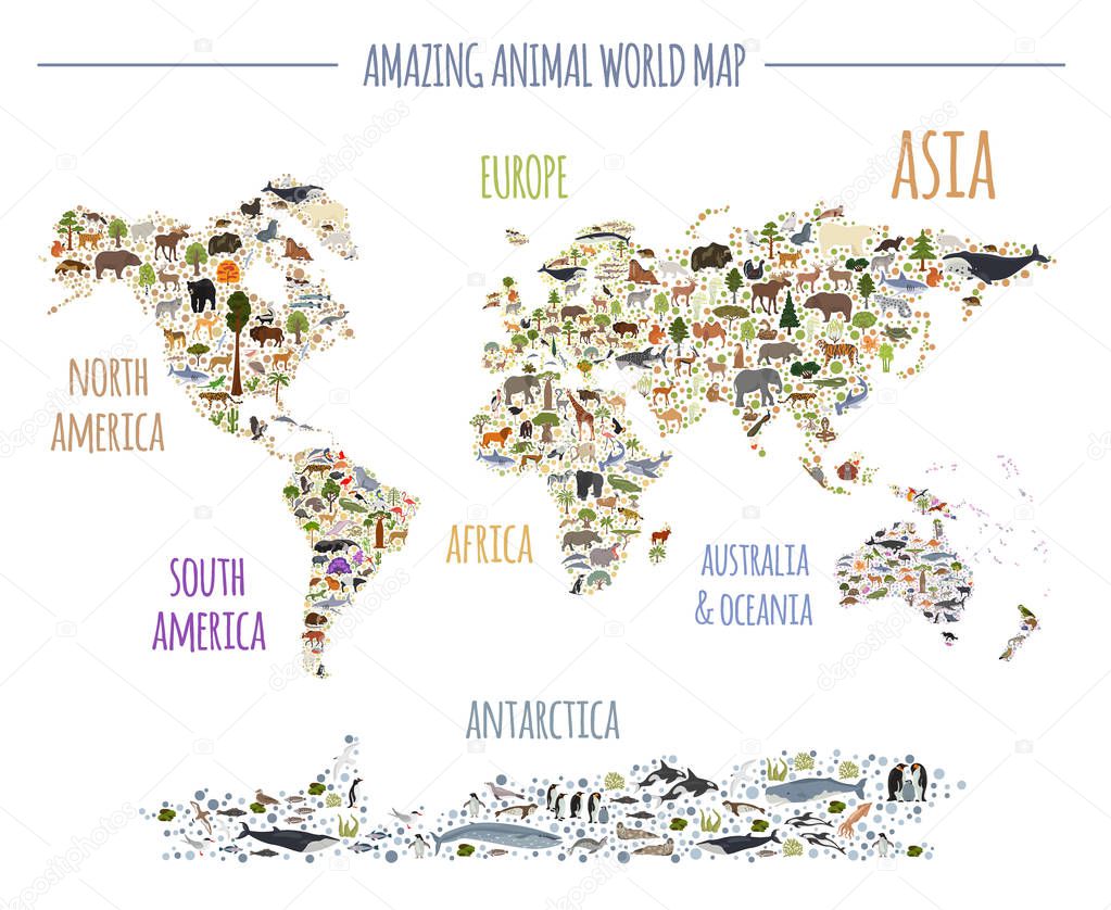 Mundo plano flora y fauna mapa elementos constructores. Animales, aves ...