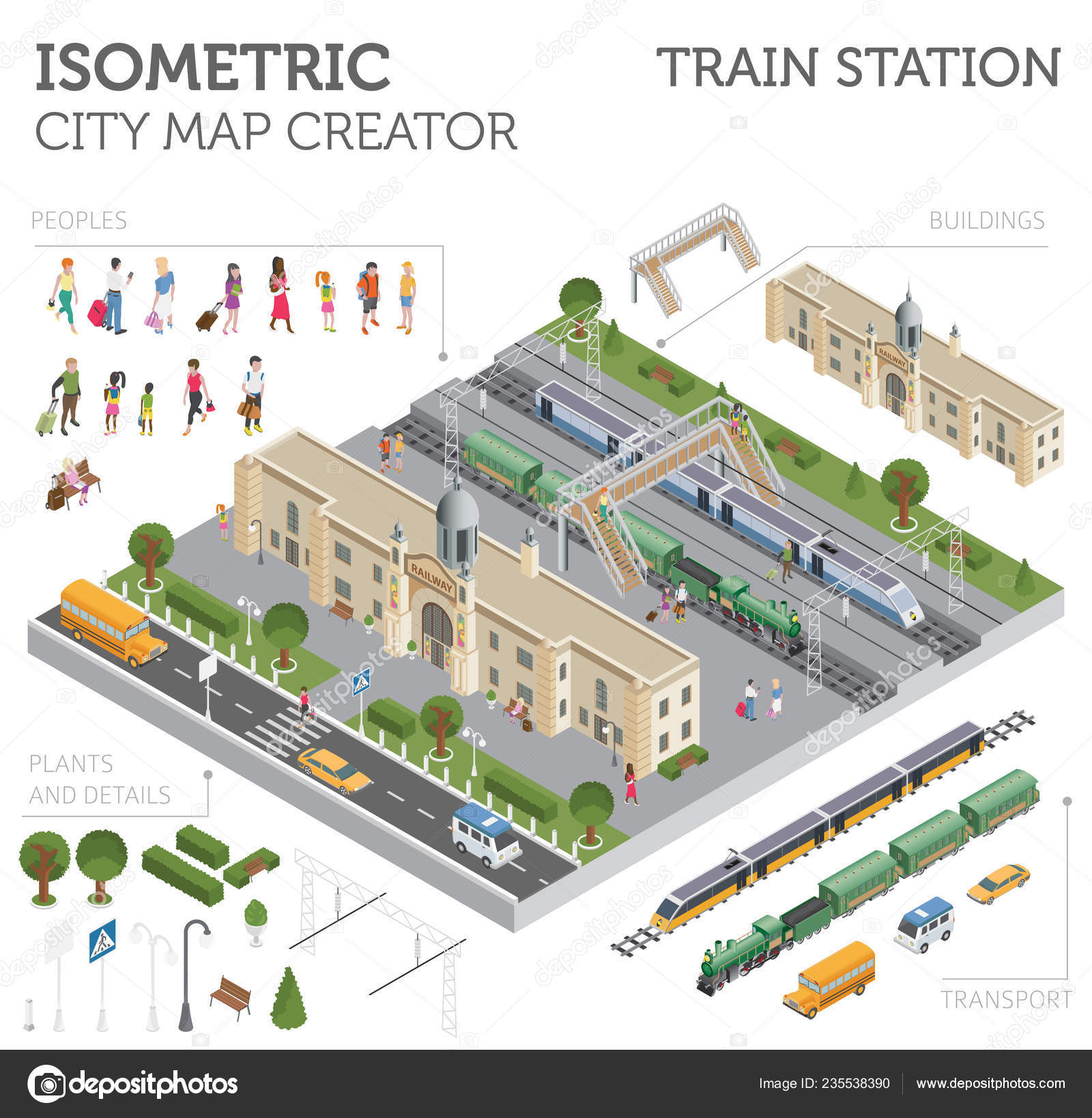 Isometric Train Station City Map Constructor Elements Isolated White ...