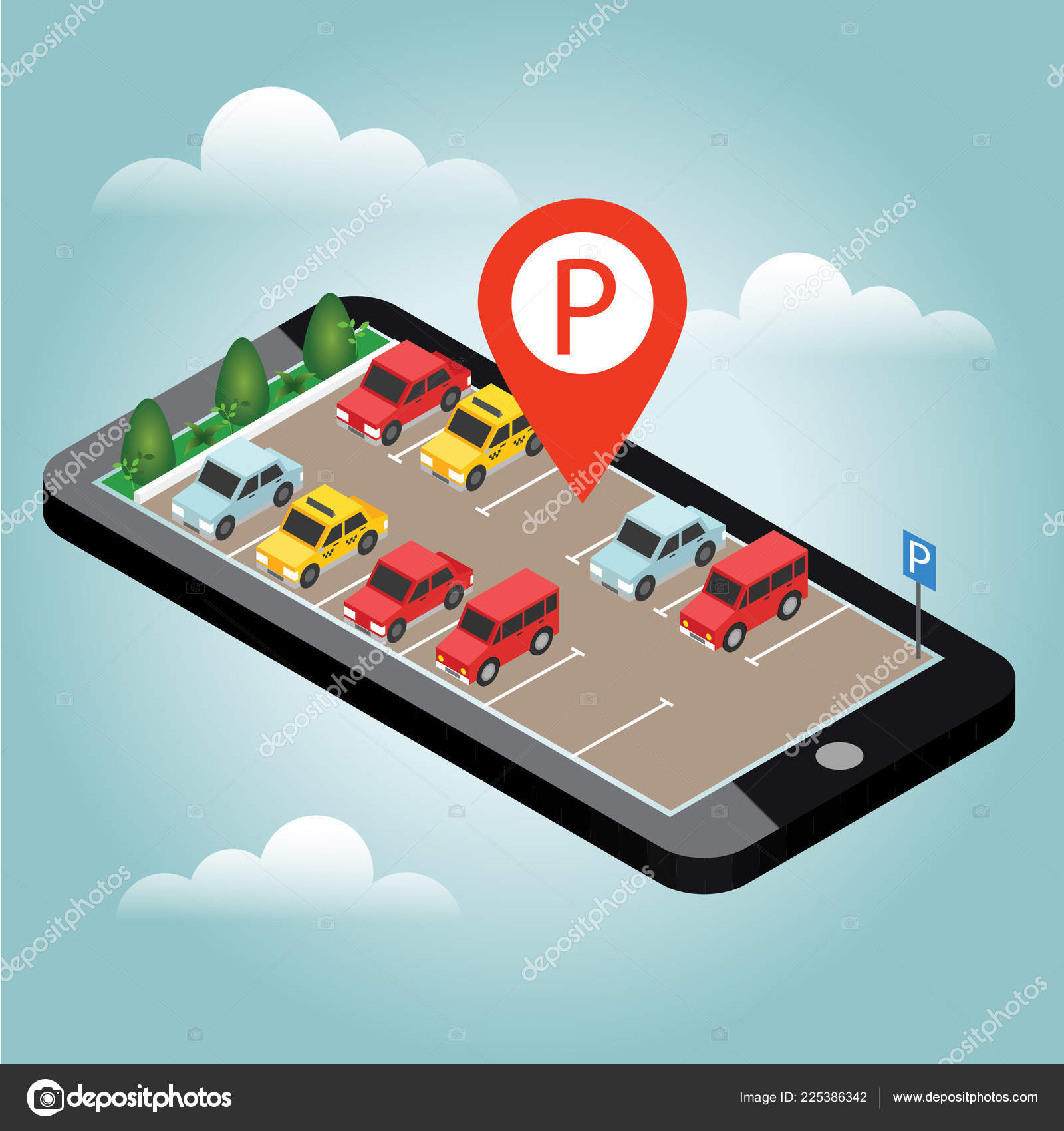 Isometric cars in the car parking. Mobile searching. Looking for parking. Flat 3d isometric ...