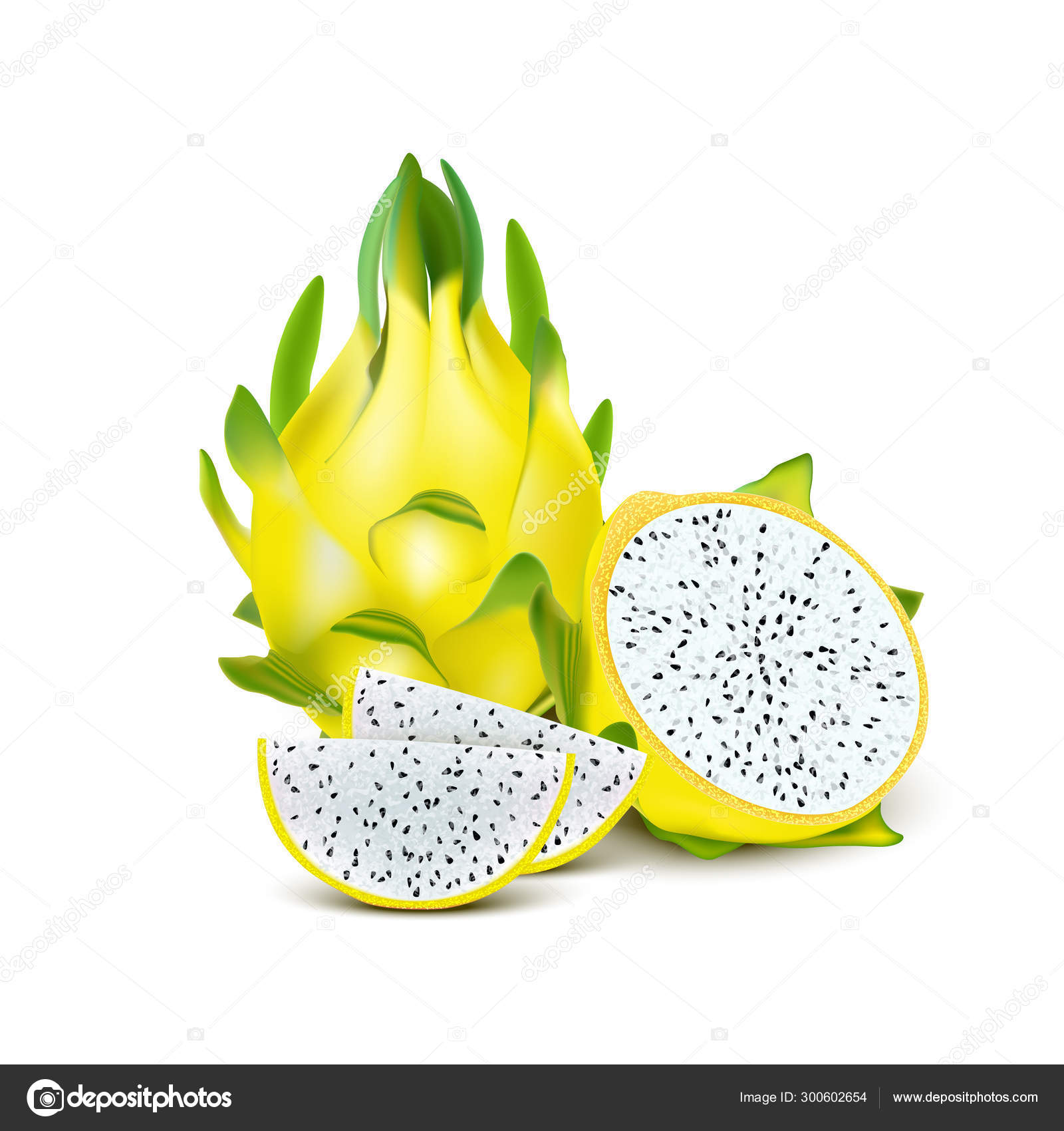 Image vectorielle Dragon jaune rouge, fruits entiers et moitié. Fruits ...