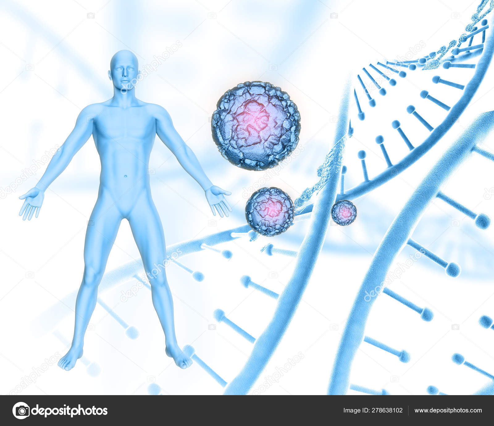 3D medical background with male figure on DNA strands and virus Stock ...