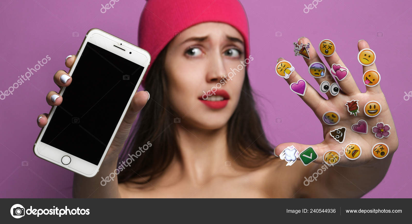 Woman with popular social mobile emoji smiles stickers for cellphone on ...