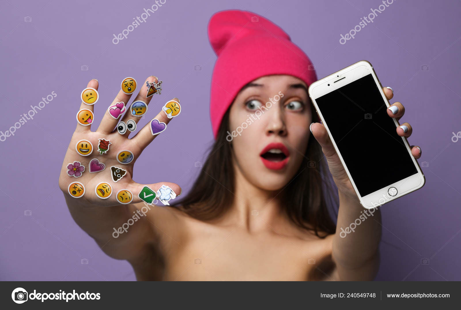 Woman with popular social mobile emoji smiles stickers for cellphone on ...