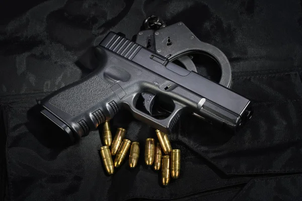 Police Weapon Equipment Handcuffs Black Uniform Background — Stock ...