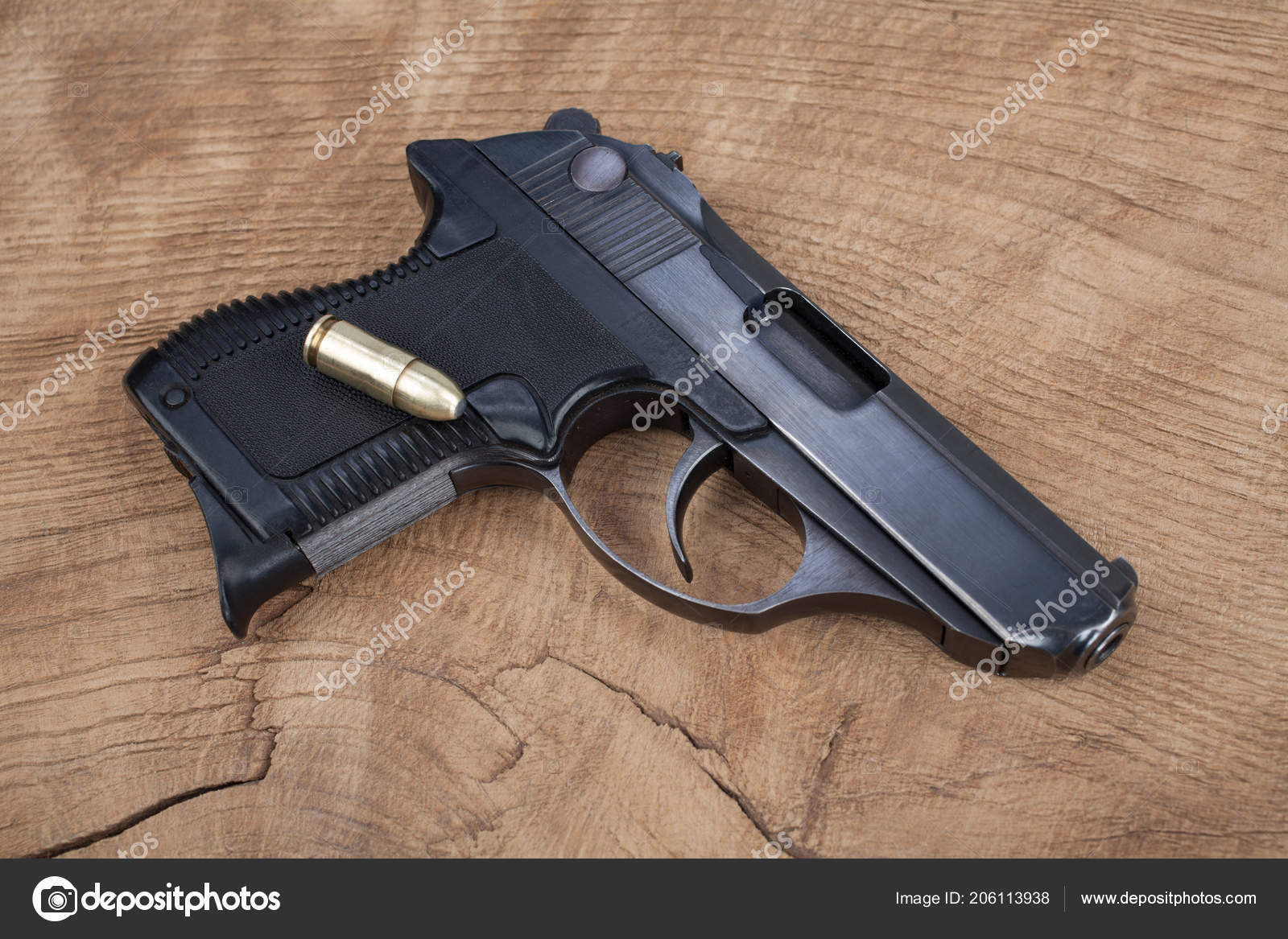 Handgun Ammunition Wooden Table Background — Stock Photo © zim90 #206113938