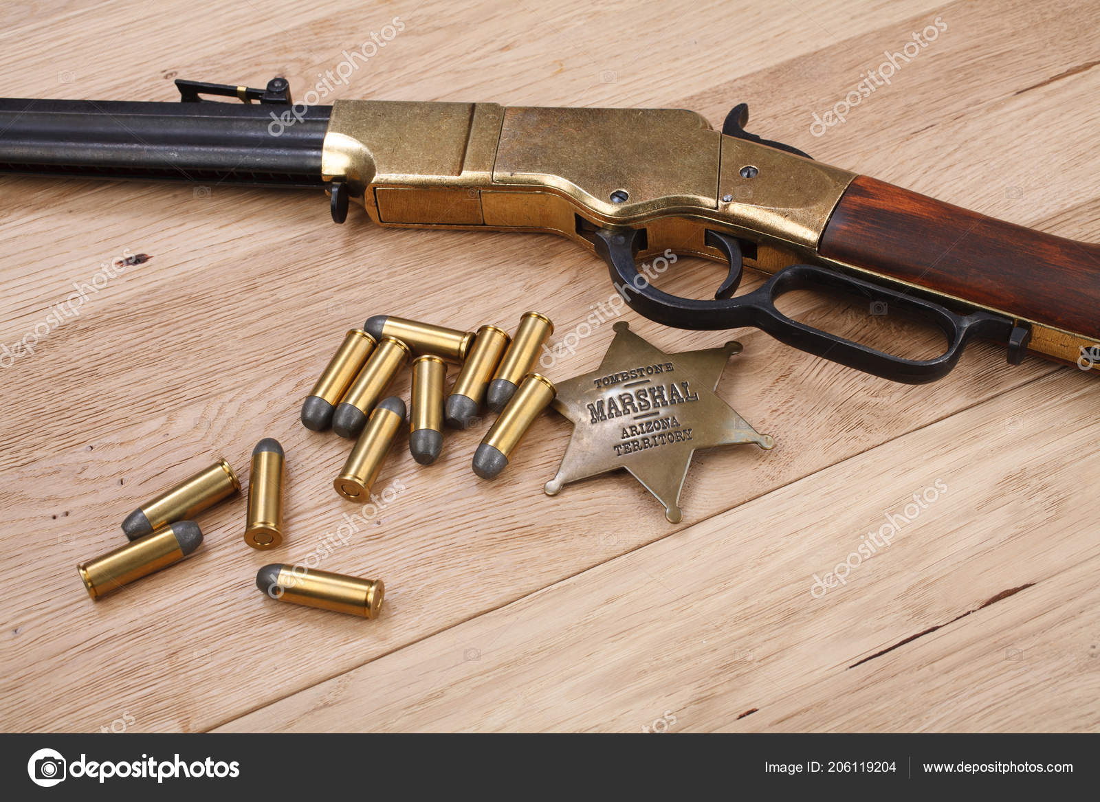 Wild West Period Repeating Rifle Ammunition Sheriff Badge — Stock Photo ...