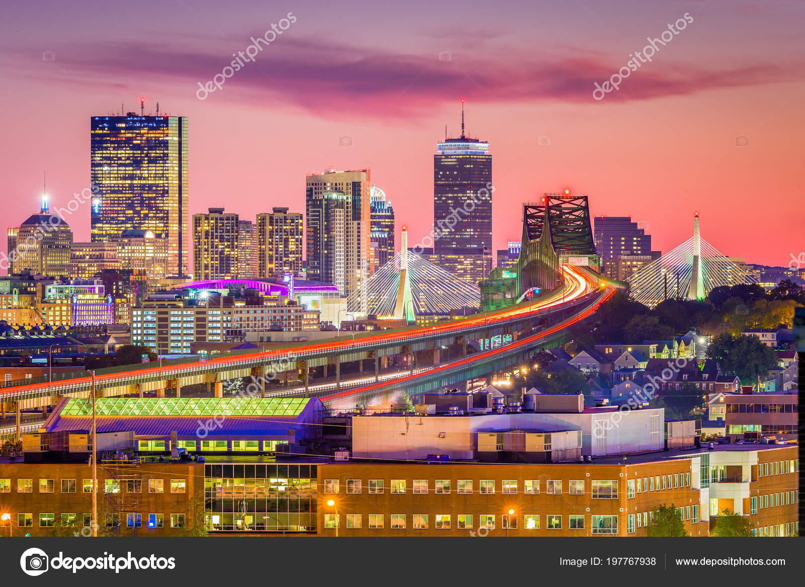 Boston Massachusetts Usa Skyline Bridges Highways Dusk — Stock Photo ...