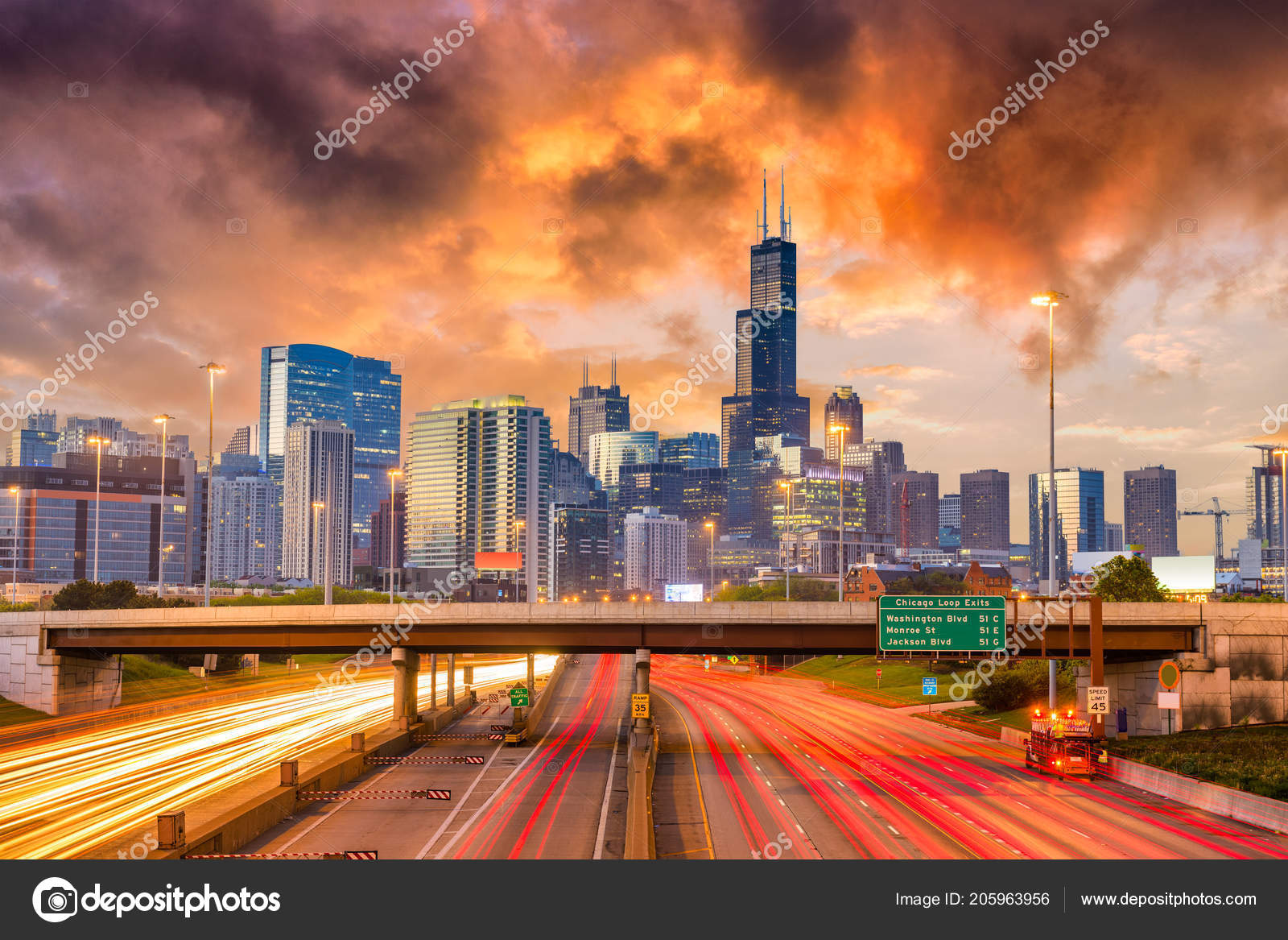 Chicago Illinois Usa Downtown Skyline Highways Twilight — Stock Photo ...