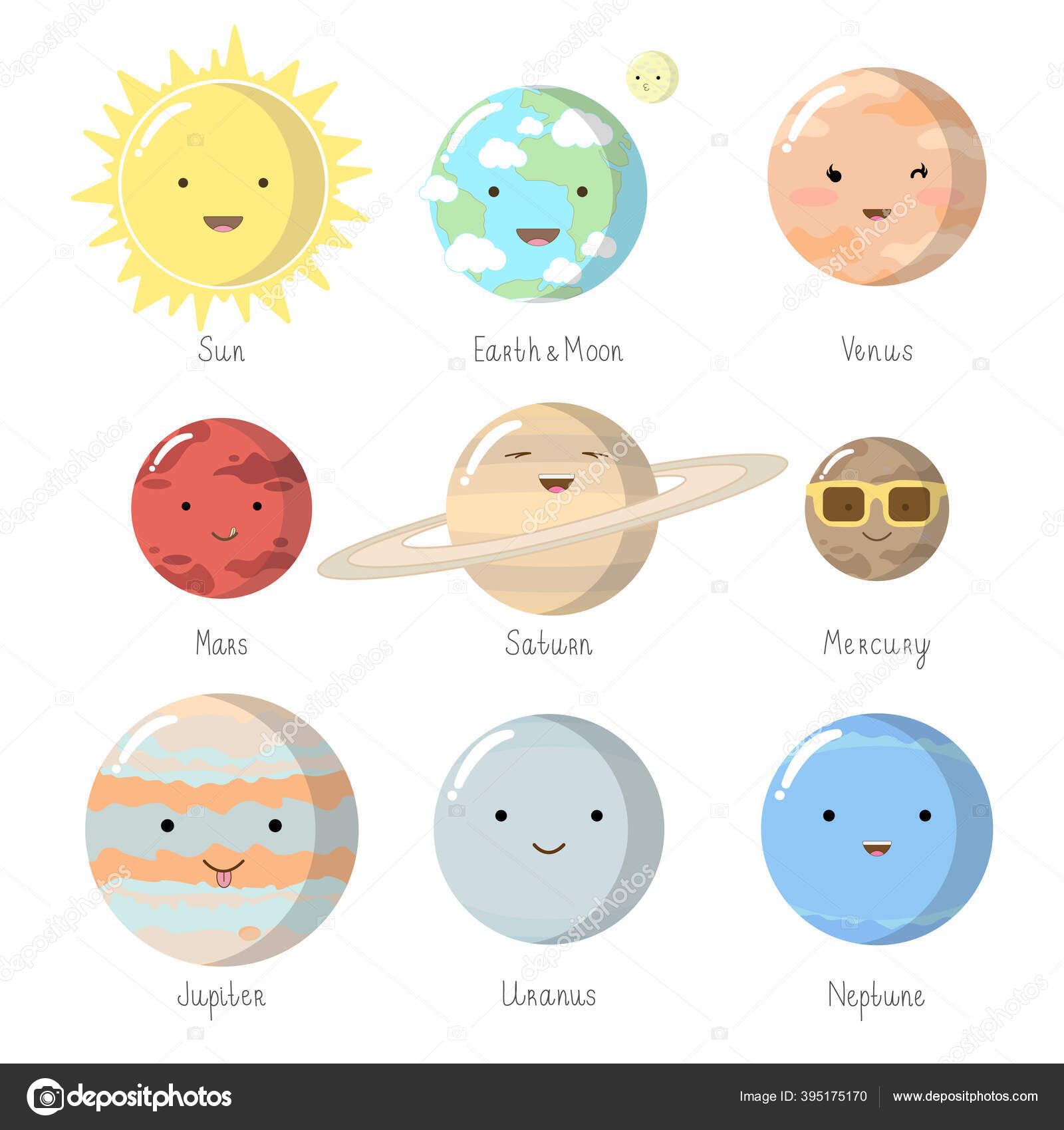 Planetas Del Sistema Solar Personajes Vector Set Iconos Ute Ilustración ...