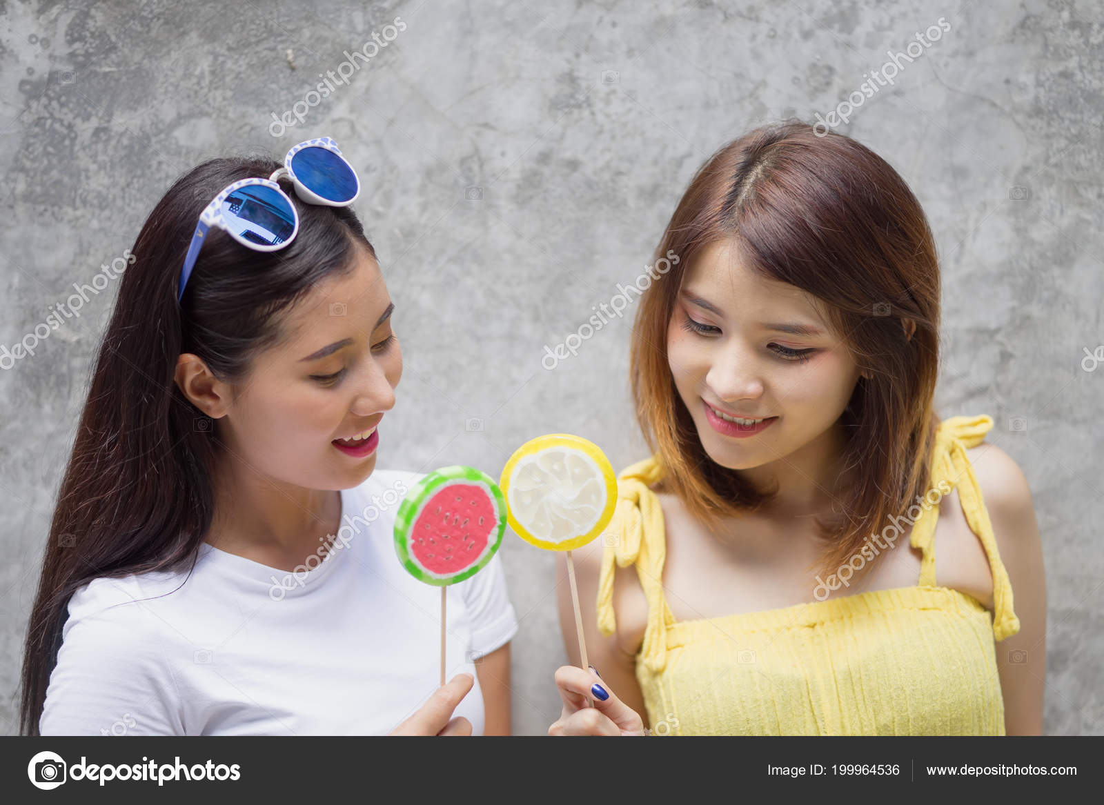 Cheers Happy Young Women Holding Candy Lollipop Two Young Girls — Stock ...