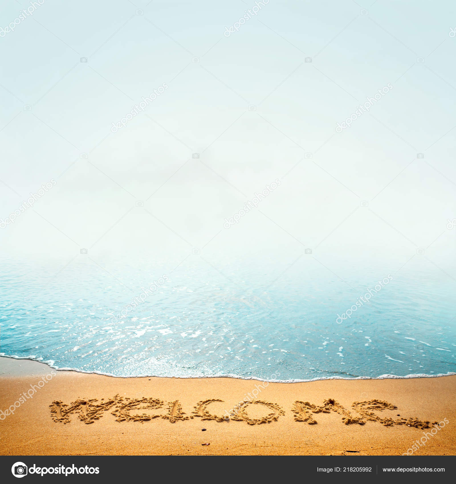 Hand Written Word Welcome Sand Sea Beach Background Stock Photo by ...