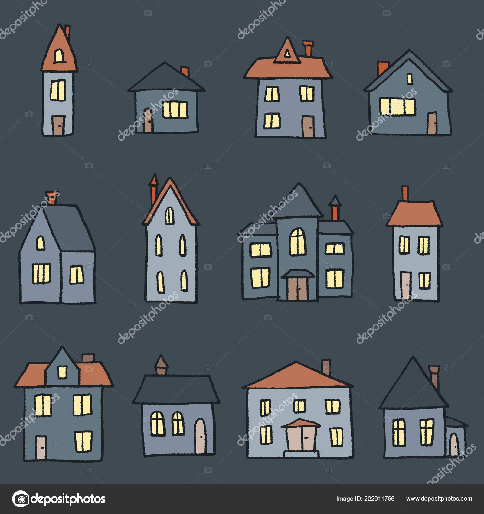 Night Cartoon Home Collection Cute Doodle Style Vector Illustration ...