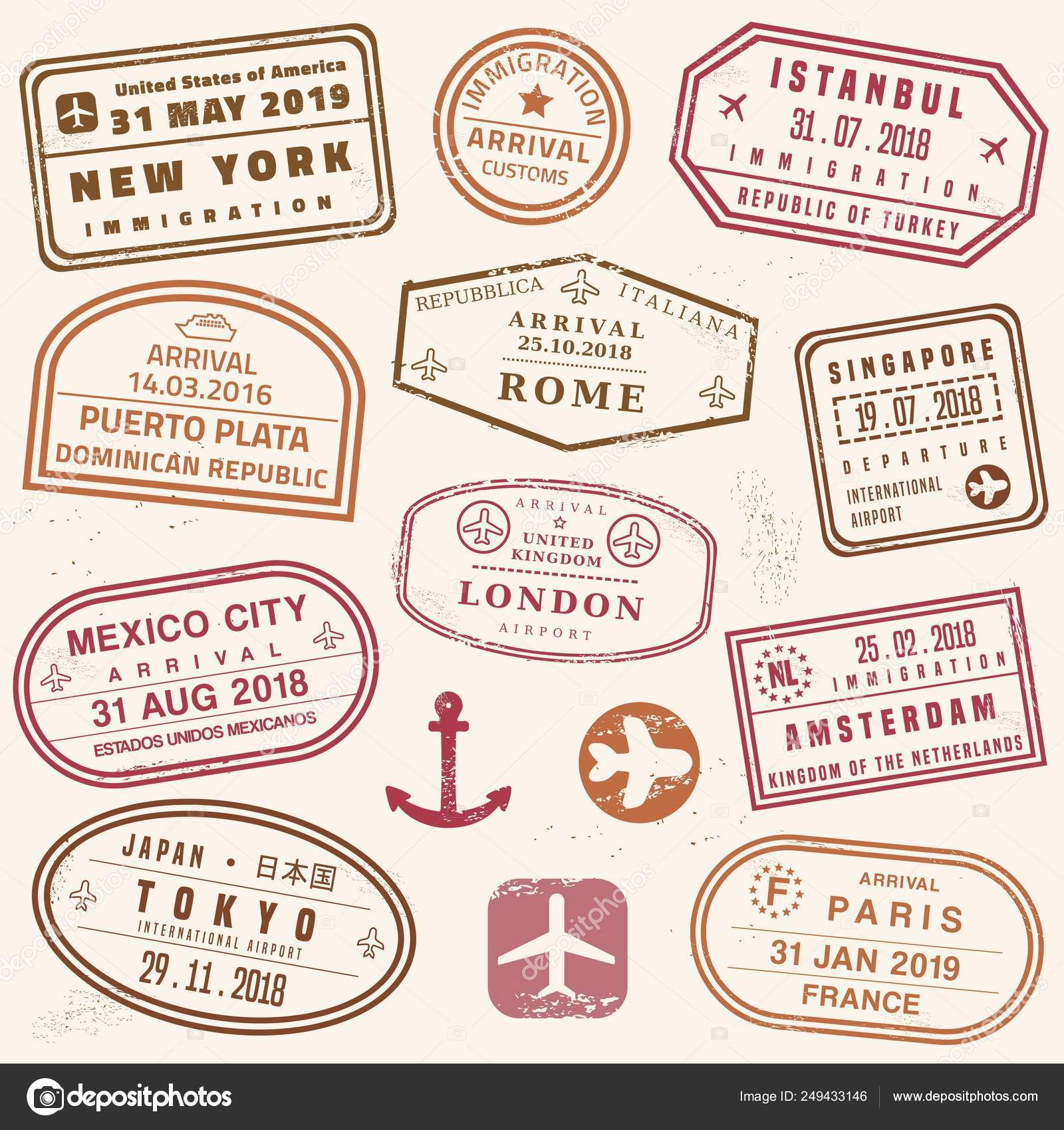 Carimbos de passaporte vetorial Vetor de stock de ©tupungato 249433146