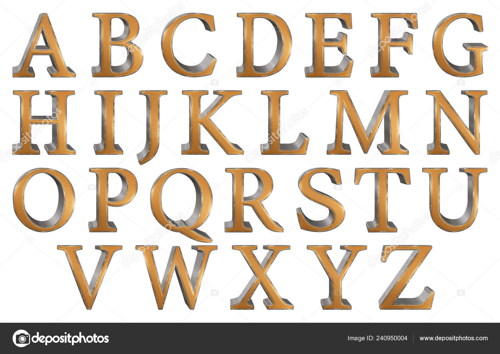 Uppsättning Engelska Alfabetet Bokstäver Versaler Guld Och Silver ...