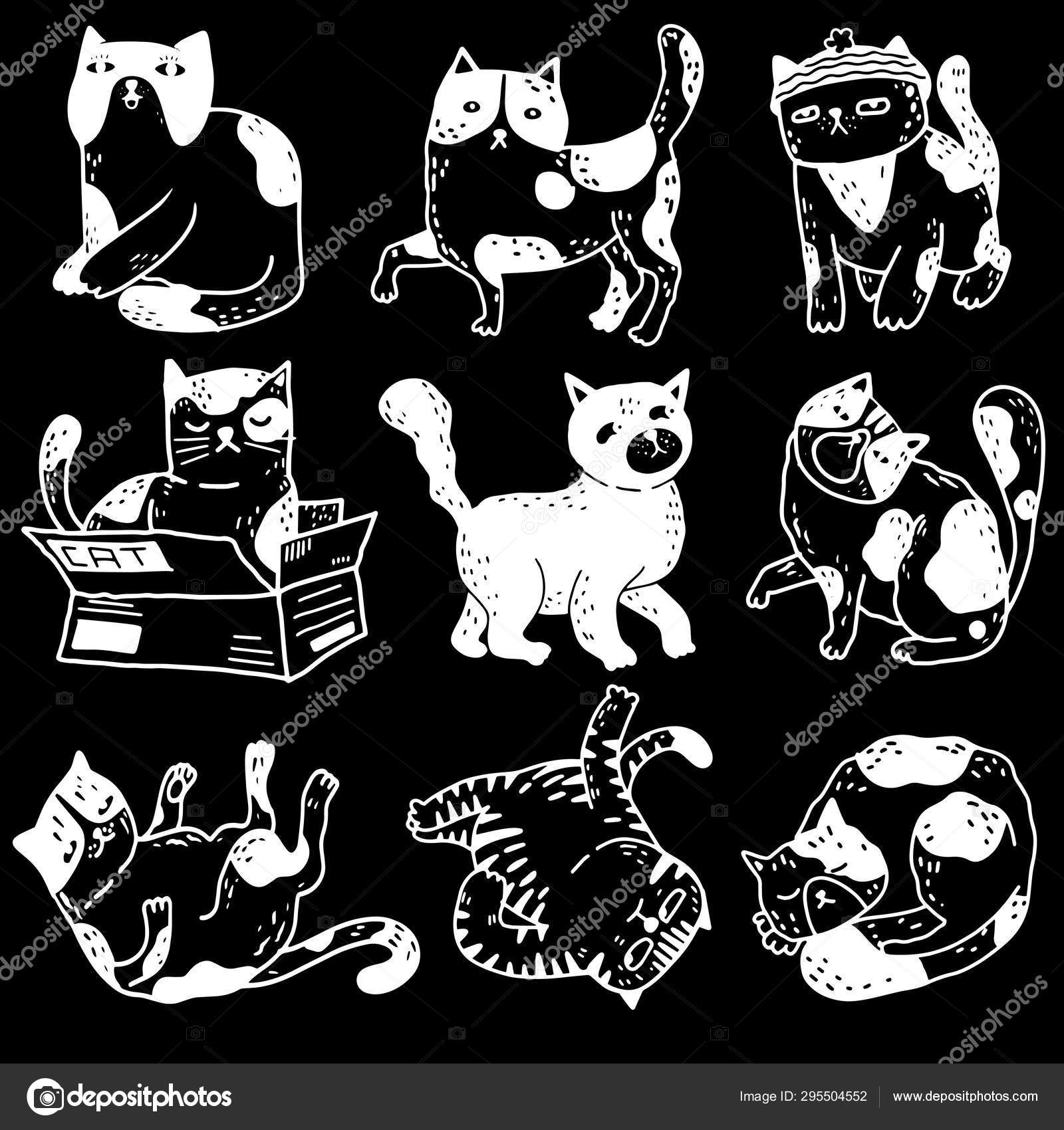 Collection of funny cats action , pet animals hand drawn with co Stock ...