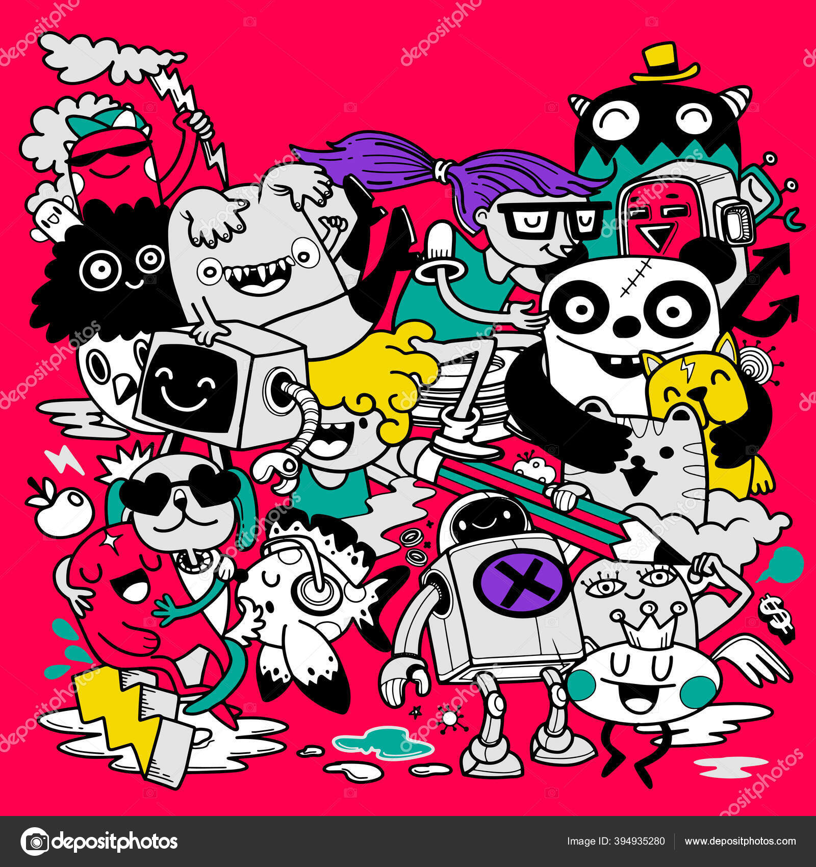 Creativity Activities Funny Doodle Cartoon Set Vector Hand Drawn ...